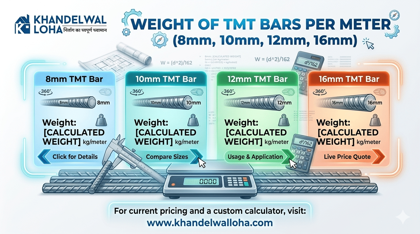 Weight Of 8mm, 10mm, 12mm, 16mm TMT Bars Per Meter